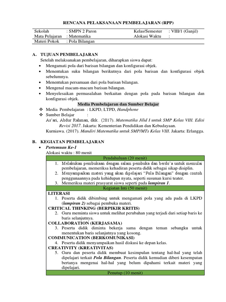 Pola Bilangan (RPP) | PDF