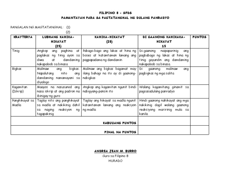 FILIPINO 8 Dulang Panradyo (Rubriks) | PDF