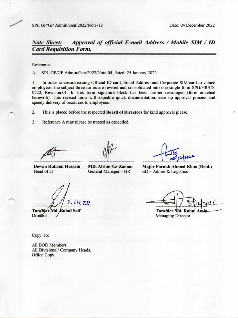 Note Sheet - Approval of Official E-Mail Address, Mobile SIM and ID ...