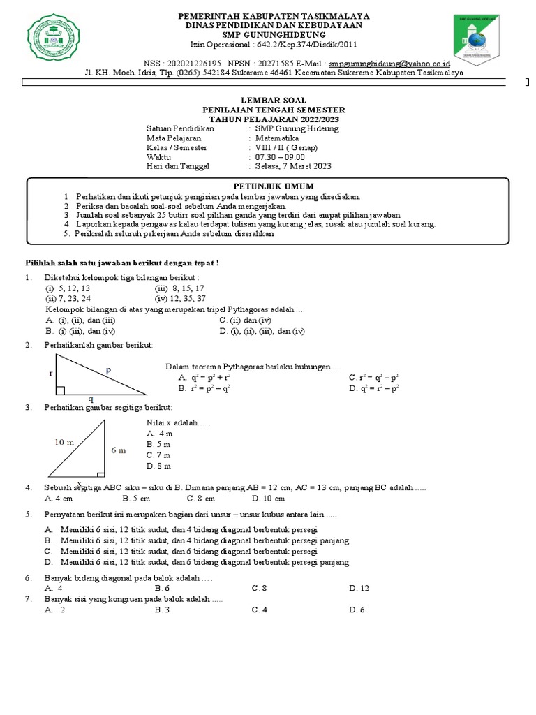 Soal Pts MTK SMP k8 s2 2023-1 | PDF