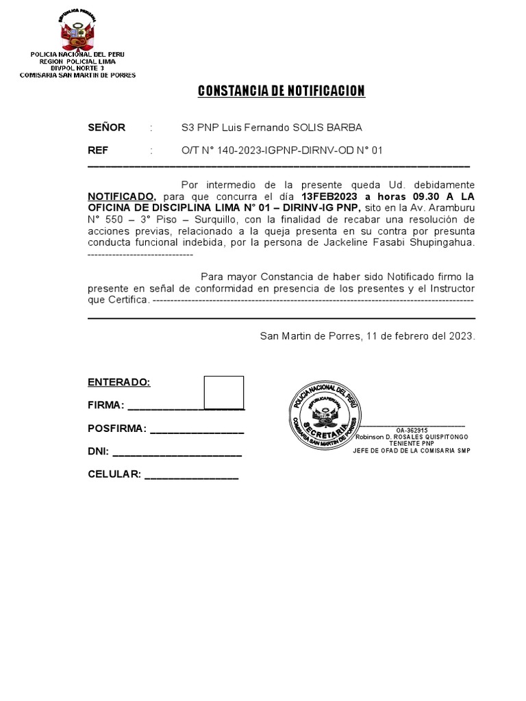 Constancia de Enterado PNP | PDF