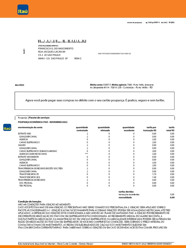 Extrato Mensal Itau (B0033) - Dezembro2022 | PDF | Conta de transação ...