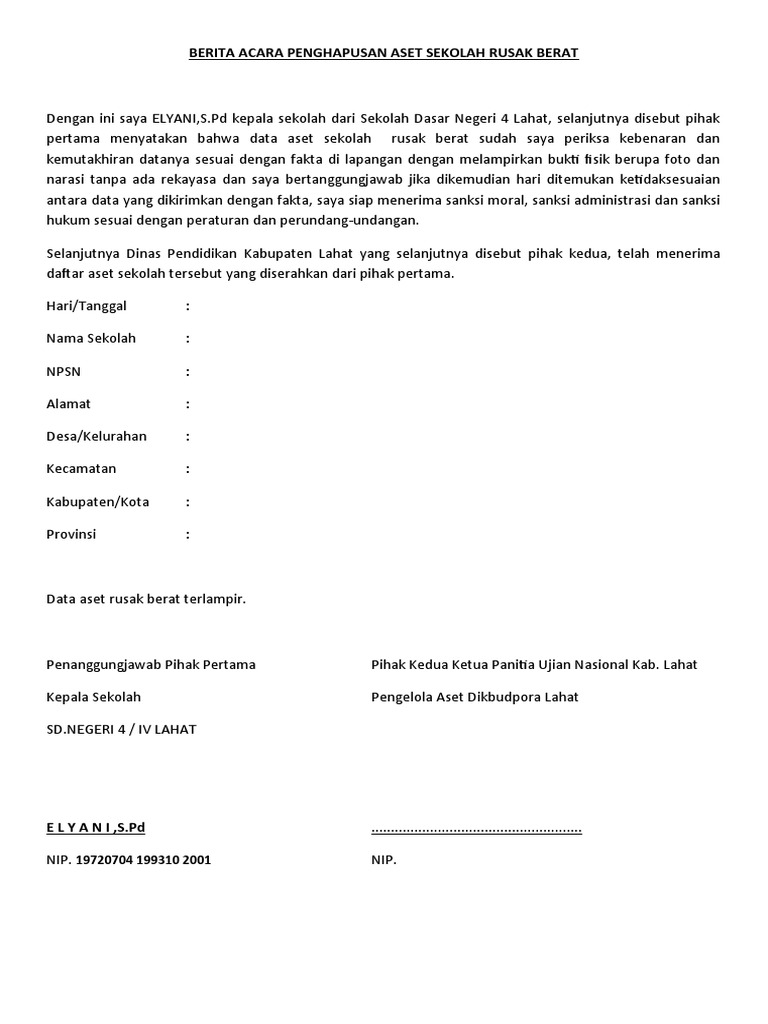 Berita Acara Penghapusan Aset Sekolah Ru | PDF