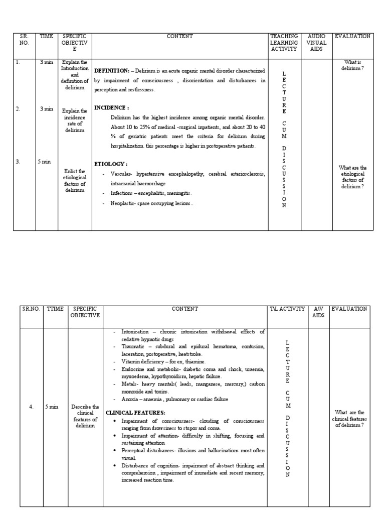 Lesson Plan On Delirium | PDF | Sleep | Human Diseases And Disorders