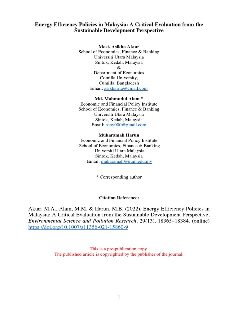 Energy Efficiency Policies in Malaysia: A Critical Evaluation From The Sustainable Development ...