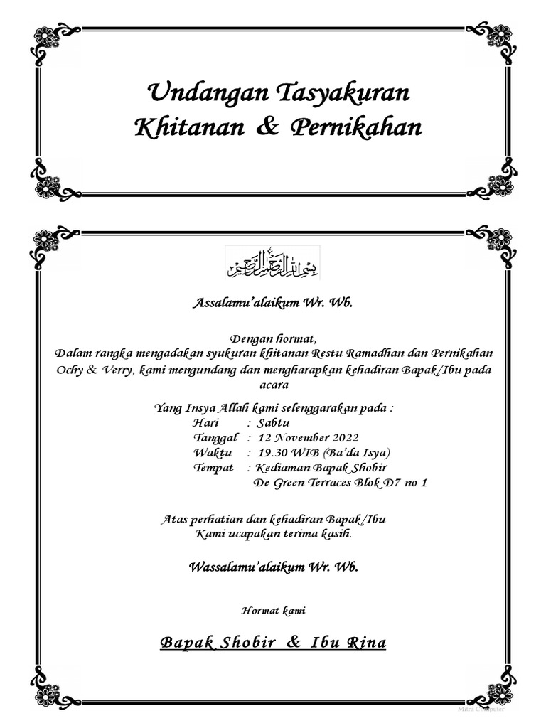 Contoh Undangan Acara Syukuran Khitanan | PDF