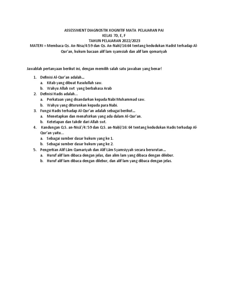 Assessment Diagnostik Kognitif Mata Pelajaran Pai | PDF