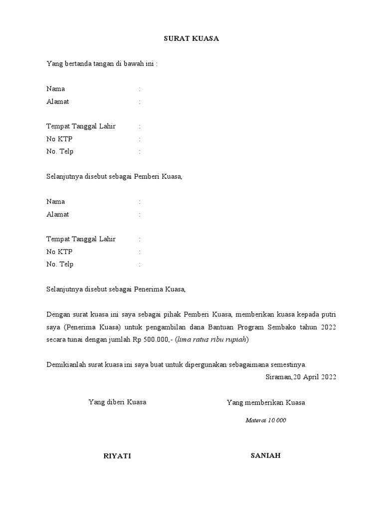 Surat Kuasa Template | PDF