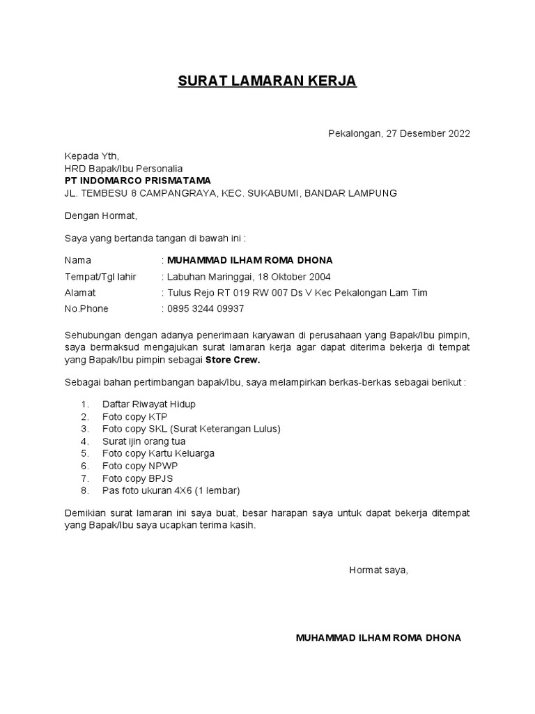 Contoh Surat Lamaran Kerja Indomaret | PDF