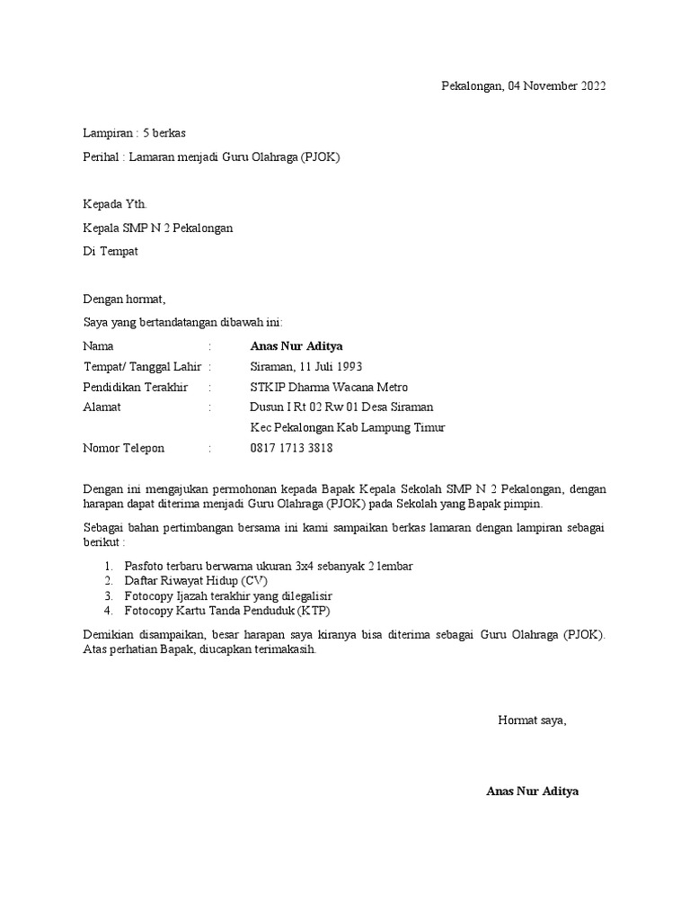Lamaran Guru Olahraga SMP N 2 Pekalongan | PDF