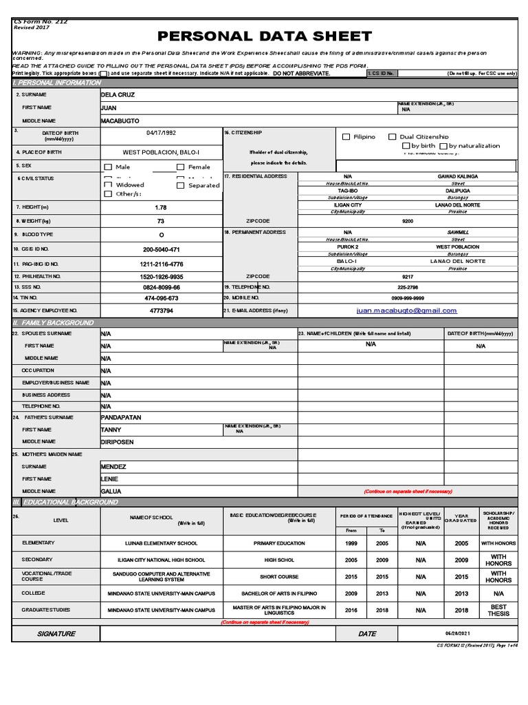 CS Form No. 212 PDS Sample Juan Macabugto Dela Cruz | PDF | Philippines ...