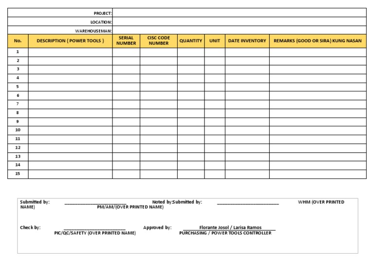 Power Tools Inventory Form | PDF