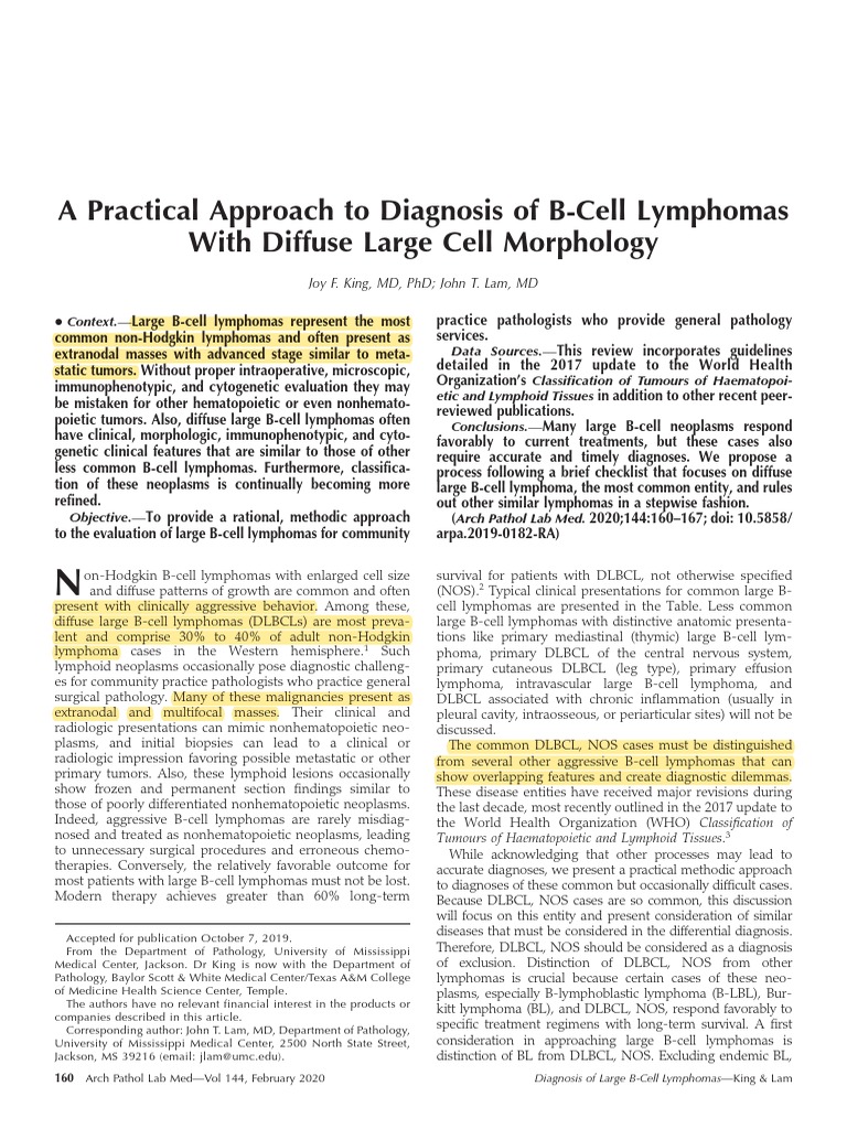 A Practical Approach To Diagnosis of B-Cell Lymphomas With Diffuse L | PDF | Lymphoma | B Cell