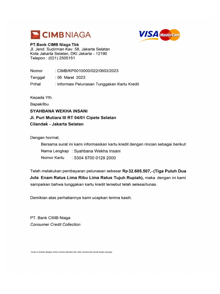 Surat Lunas CC CIMB | PDF