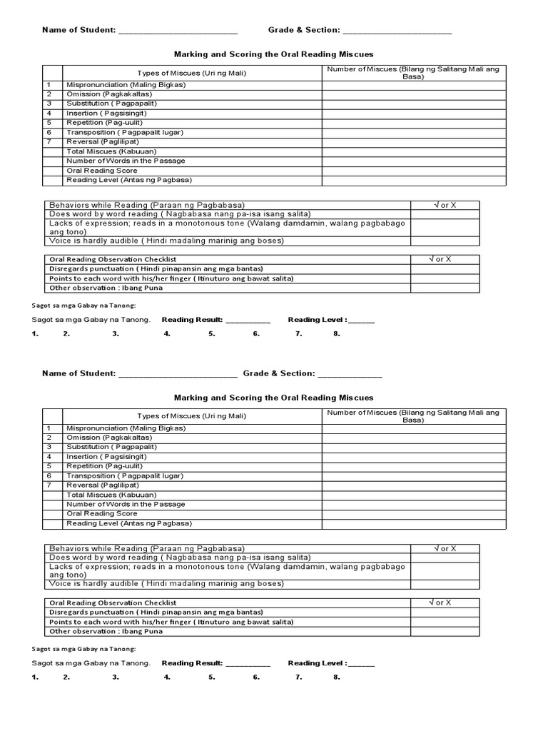 Oral Reading Assessment Form | PDF | Linguistics | Human Communication
