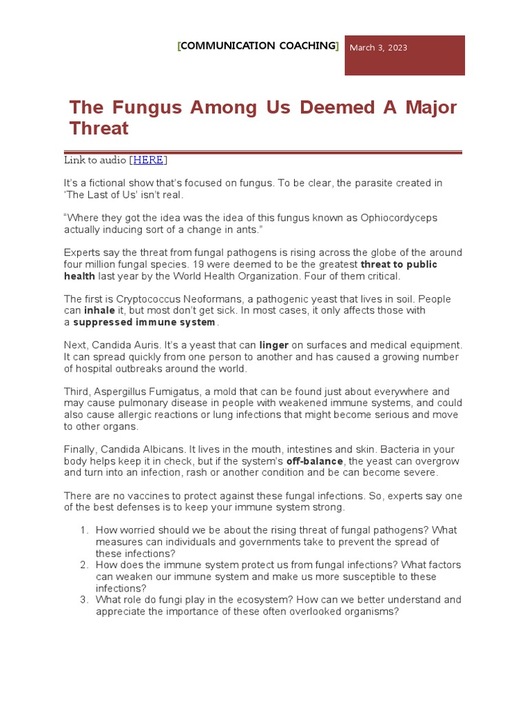 The Fungus Among Us Deemed A Major Threat | PDF | Medical Specialties ...