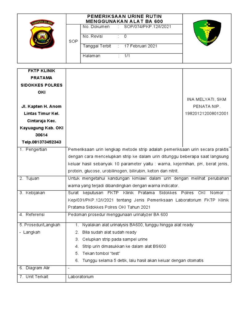 Sop Pemeriksaan Urine Rutin Alat Ba 600 | PDF