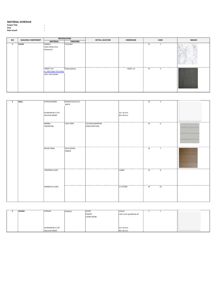 Material Schedule for an Office Building Project Detailing Floor, Wall ...