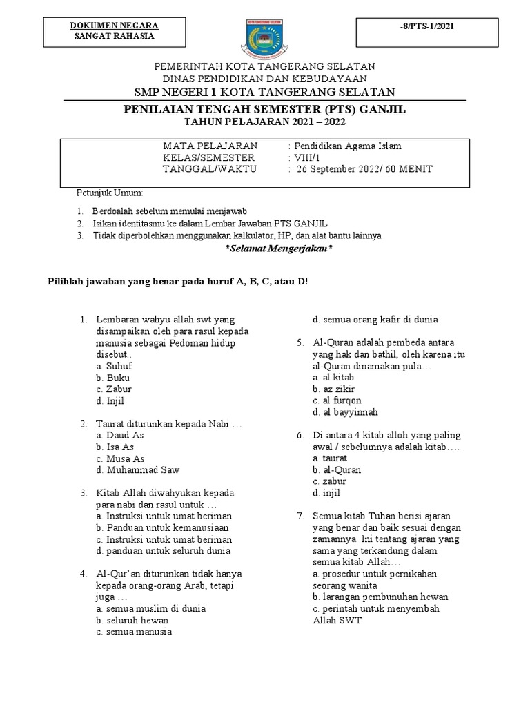 Soal PTS Ganjil 2022-2023 (Pai - 8) | PDF