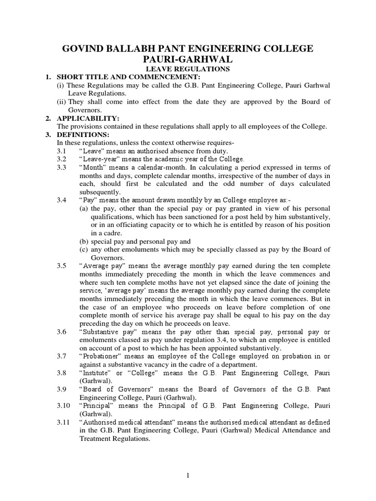 GB Pant Engineering College Leave Regulations | PDF | Employment ...
