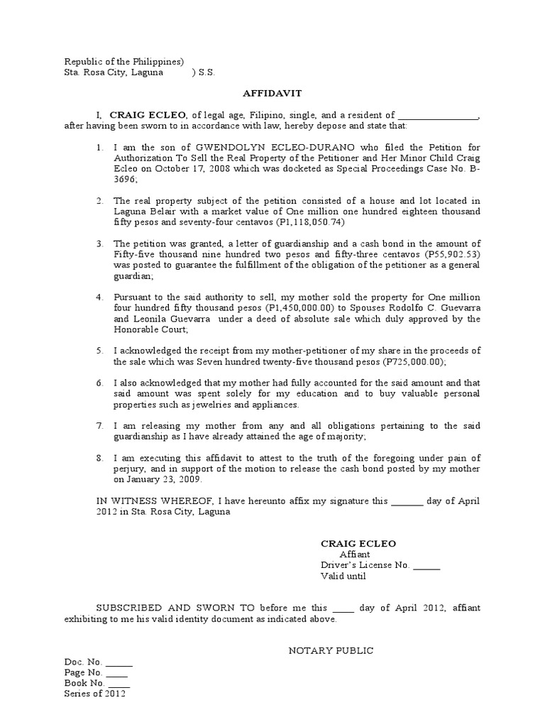 Affidavit of Sale and Guardianship | PDF | Affidavit | Private Law