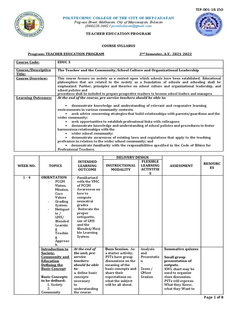 EDUC 3 Syllabus | PDF | Leadership | Sociology