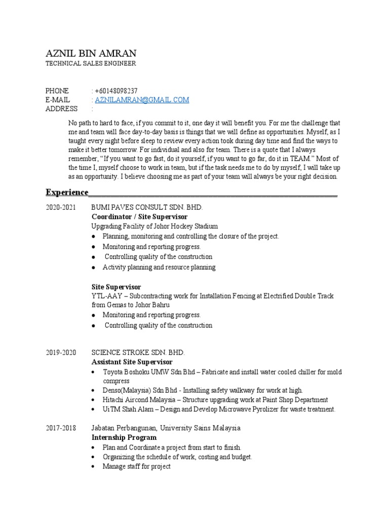 AZNIL BIN AMRAn Resume | PDF