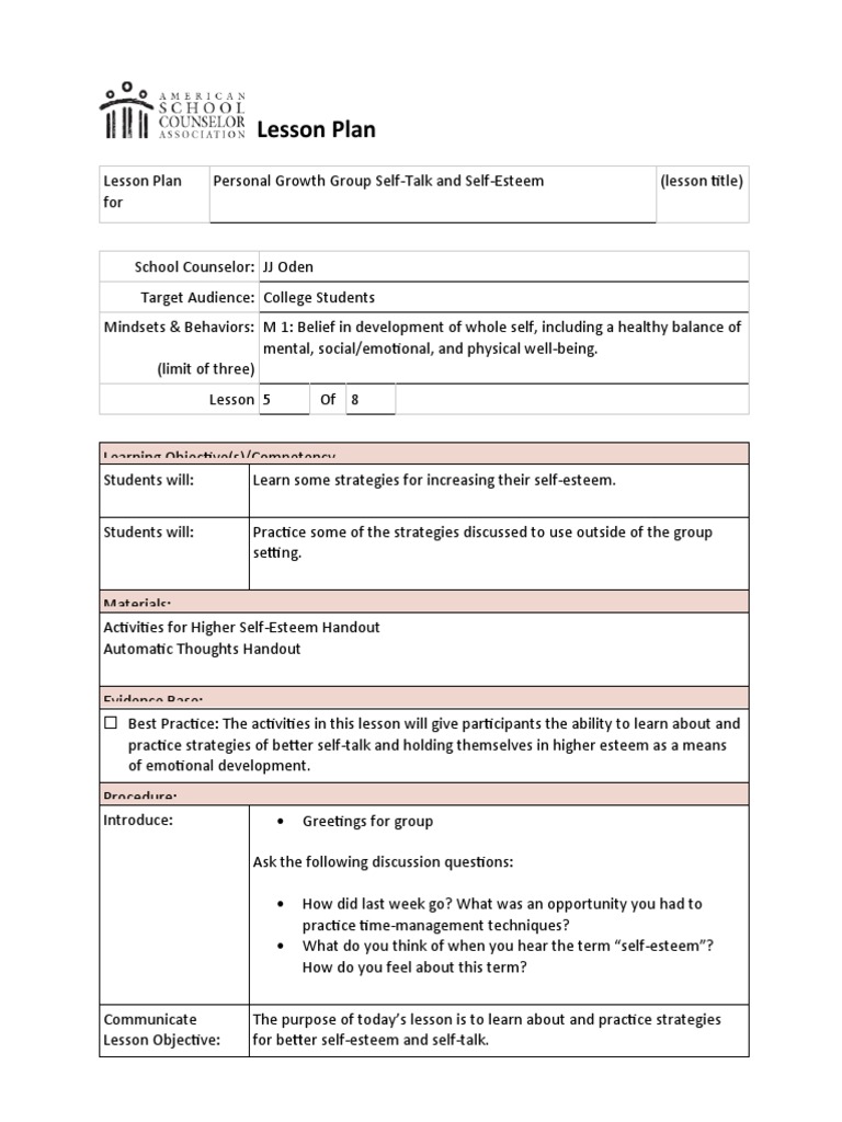 Self Talk And Self Esteem Lesson Plan Pdf Self Esteem Thought