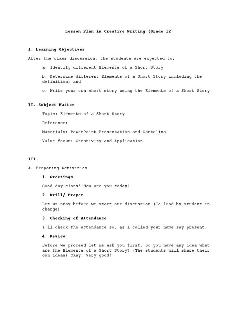 Lesson Plan in Creative Writing Grade 12 | PDF | Lesson Plan | Plot ...