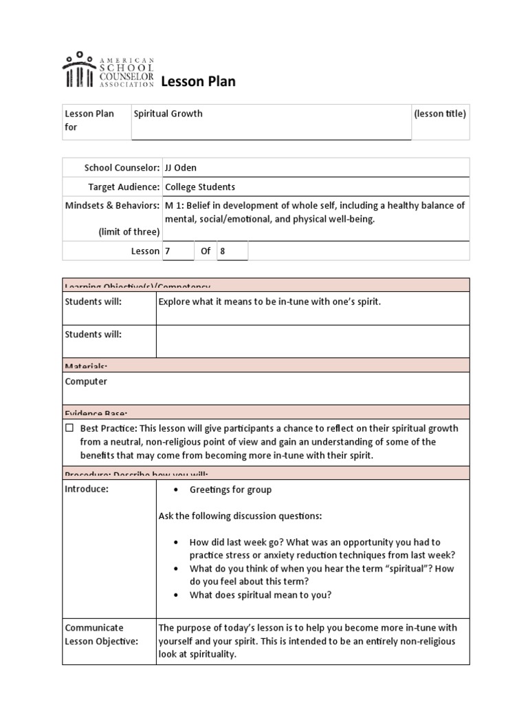 Spiritual Growth Lesson Plan | PDF | Spirituality | Lesson Plan