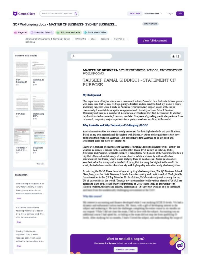 WWW Coursehero Com File 30785956 SOP Wollongongdocx | PDF | Communication