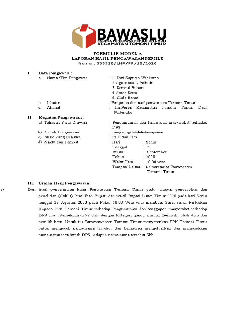 FORM A Saran Perbaikan 28 September 2020 | PDF
