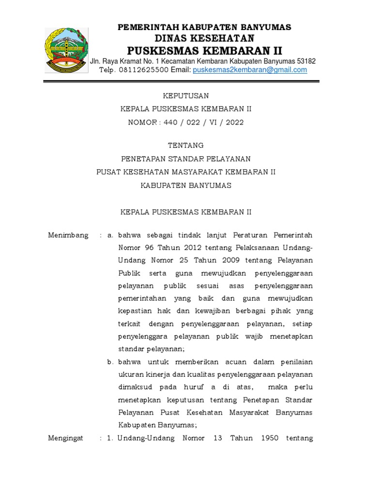 SK Standar Pelayanan PKM Kembaran II 2022 | PDF
