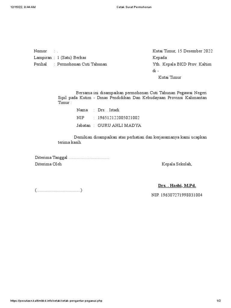 Cetak Surat Pengantar Cuti 15 Des 2022 | PDF