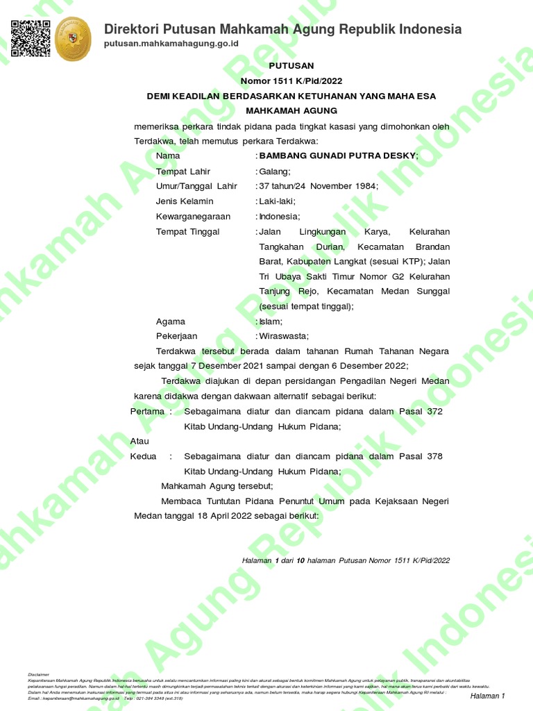Putusan - 1511 - K - Pid - 2022 - 20230220145233 - Kasus Penggelapan | PDF
