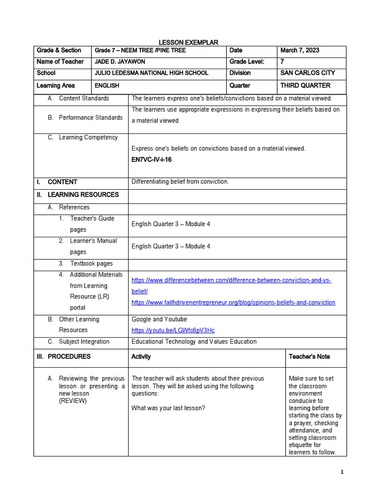 Lesson Exemplar - Belief and Conviction | PDF | Reading Comprehension | Cognition