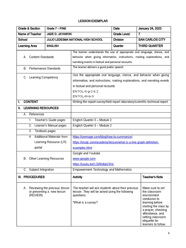 Lesson Exemplar | PDF | Reading Comprehension | Learning