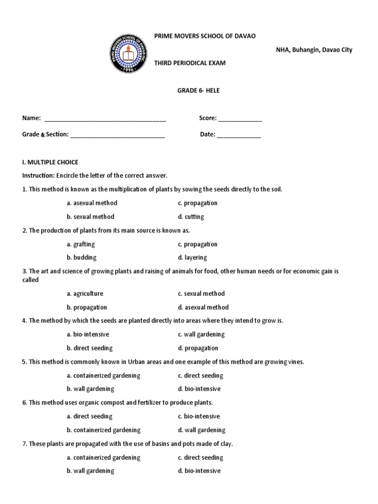 Grade 6 HELE Exam | PDF | Tableware | Urinary System