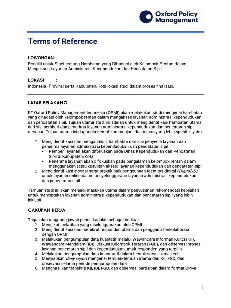 (Oxford Policy Management) TOR - Peneliti | PDF