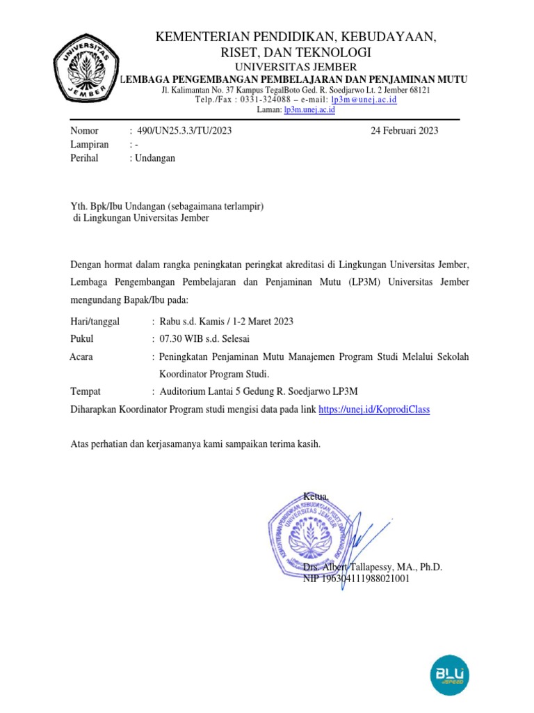 Surat Undangan Koordinator Prodi | PDF