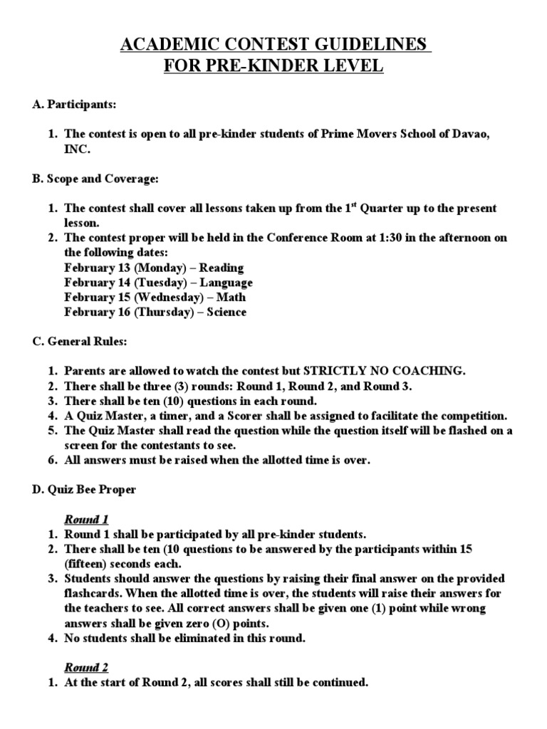 ACADEMIC CONTEST GUIDELINES For PRE-KINDER LEVEL | PDF