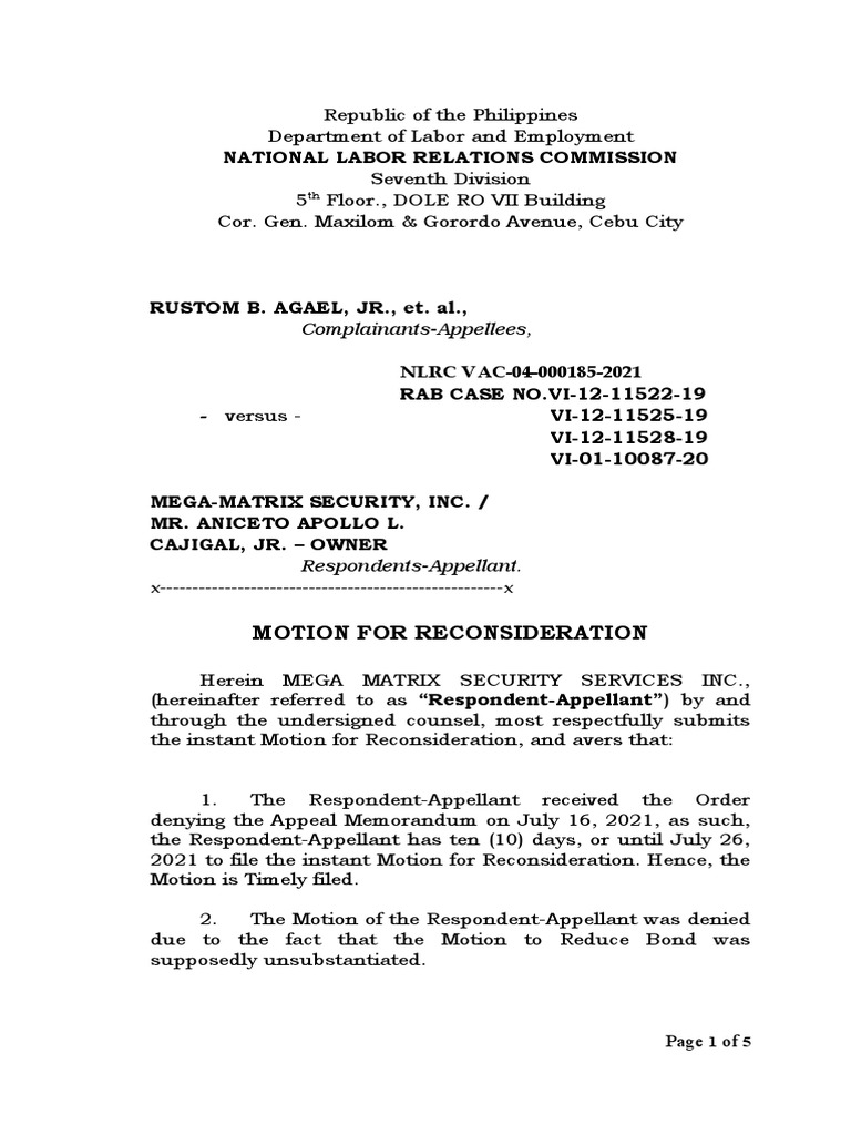 Agael Et - Al vs. Mega-Matrix (Motion For Reconsideration) | PDF | Justice | Crime & Violence