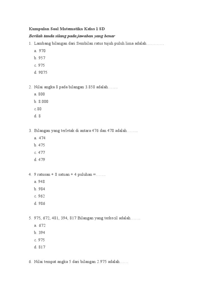 Kumpulan Soal Matematika Kelas 1 SD | PDF