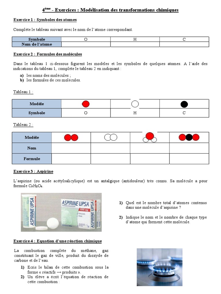 Exercices sur Atomes et Molécules 4ème | PDF | La combustion | Molécules