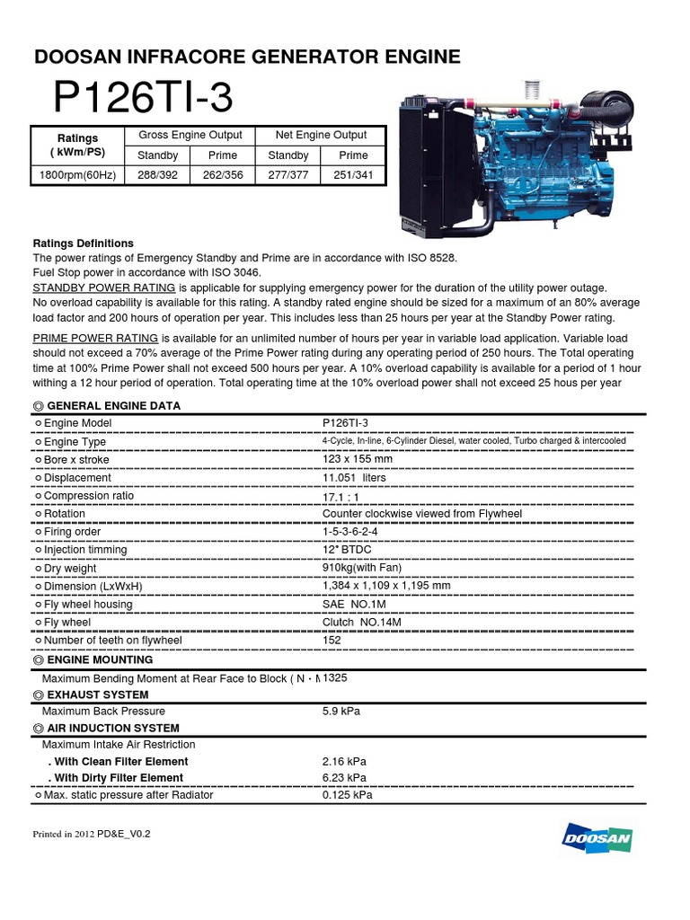 Doosan P126TI-3 Generator Specs | PDF | Pump | Engines