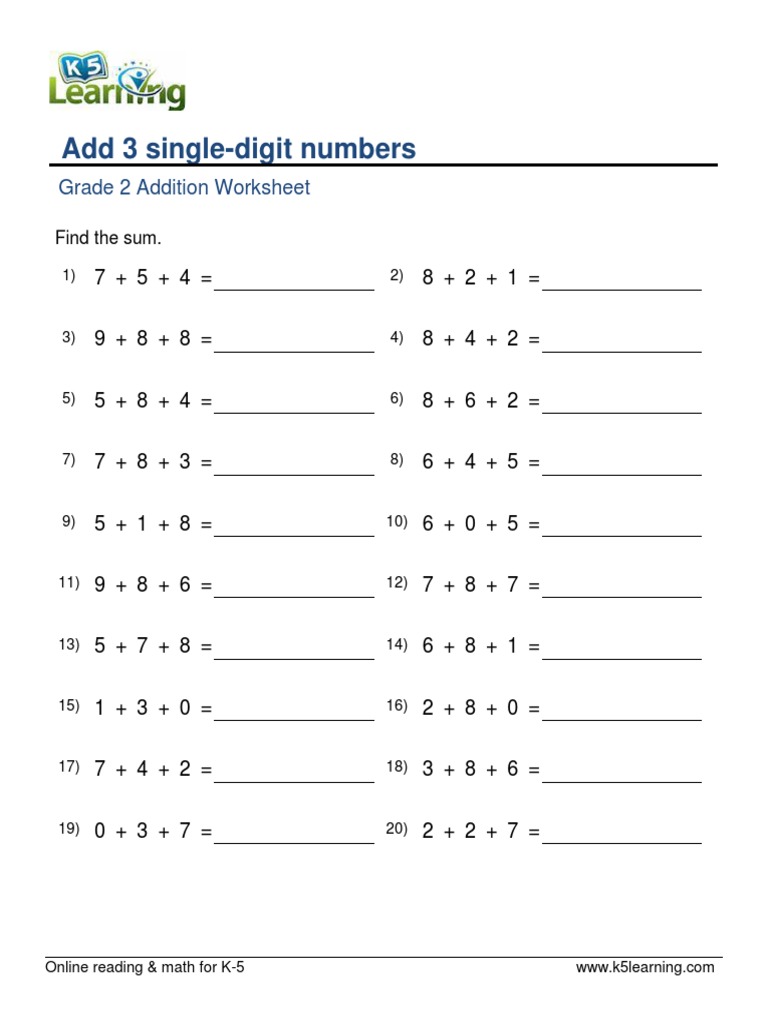 Grade 2 Add 3 Single Digit Numbers A | PDF