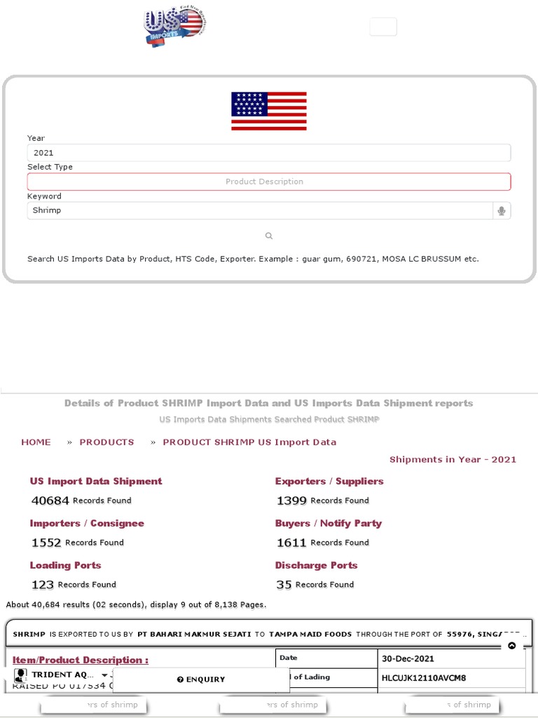 US Shrimp Import Data 2021 | PDF | Bill Of Lading | Consignee