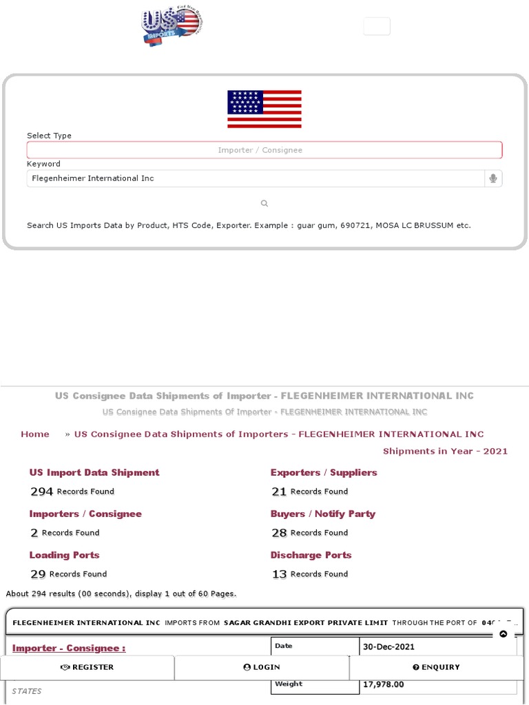 Us Imports - Us Consignee Data Shipments of Importer - Flegenheimer ...