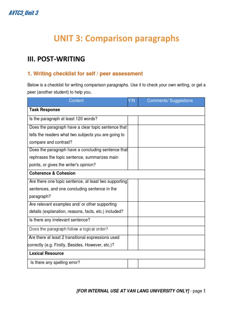 Peer Assessment Checklist for Writing | PDF | Paragraph | Sentence ...