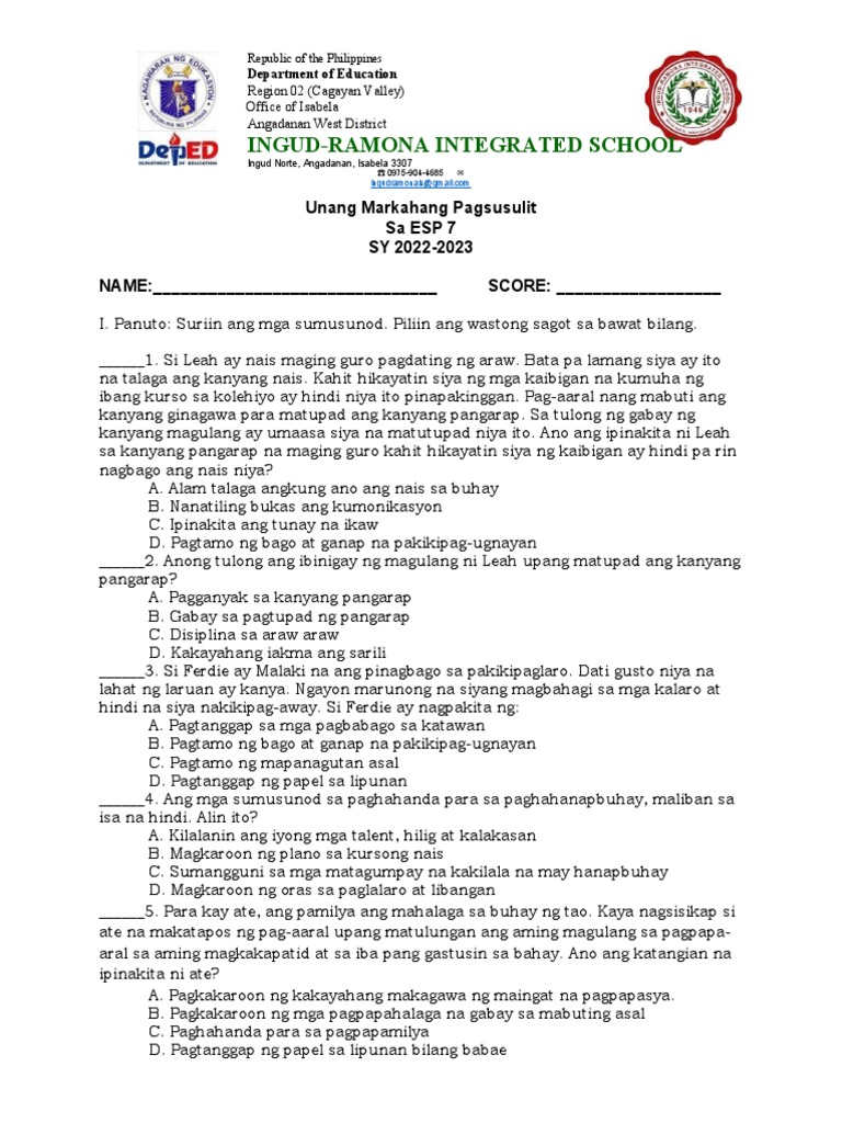 1st Periodic Exam - ESP 7 | PDF